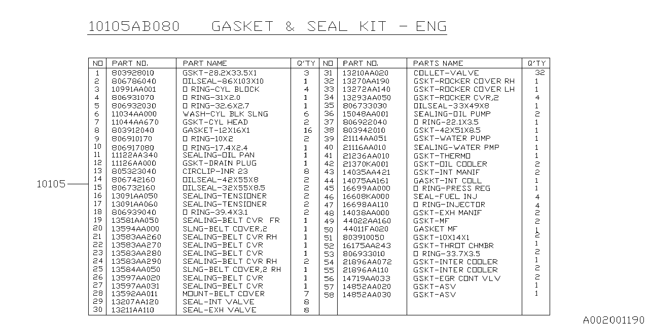 10105AB080 Genuine Subaru Gasket And Seal Kit ENGIN